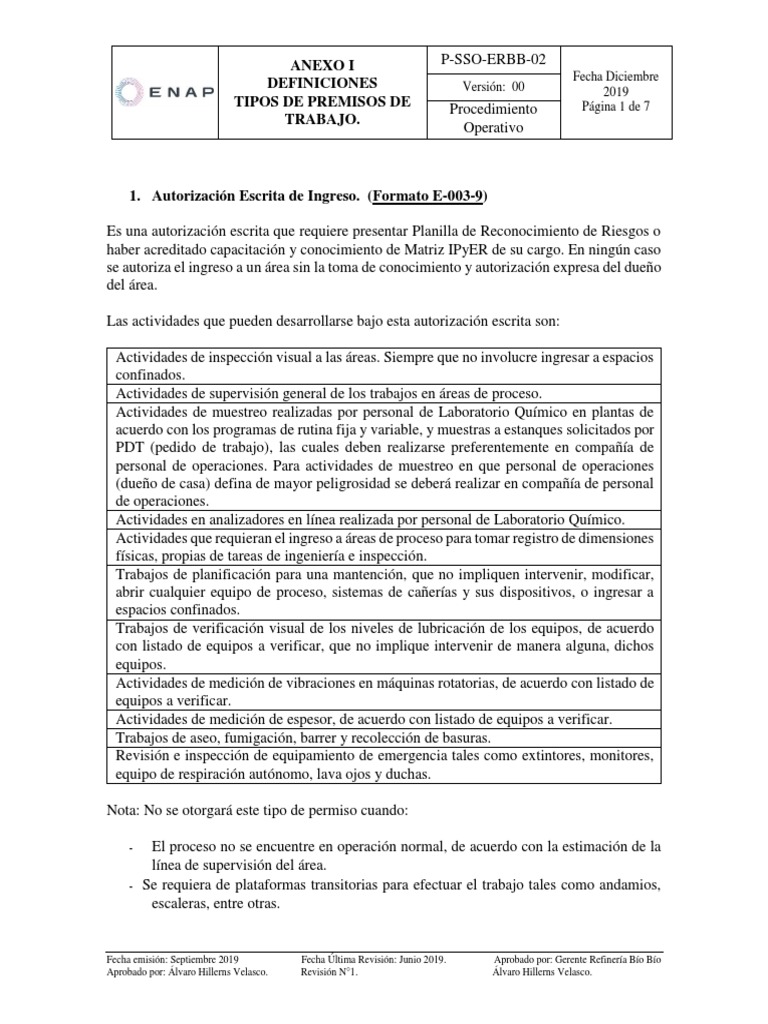 Anexo 1 - Definiciones Tipos de Premisos de Trabajo. | PDF | Alto voltaje