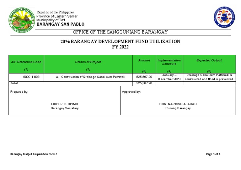 Barangay Budget Preparation Form 1 PDF