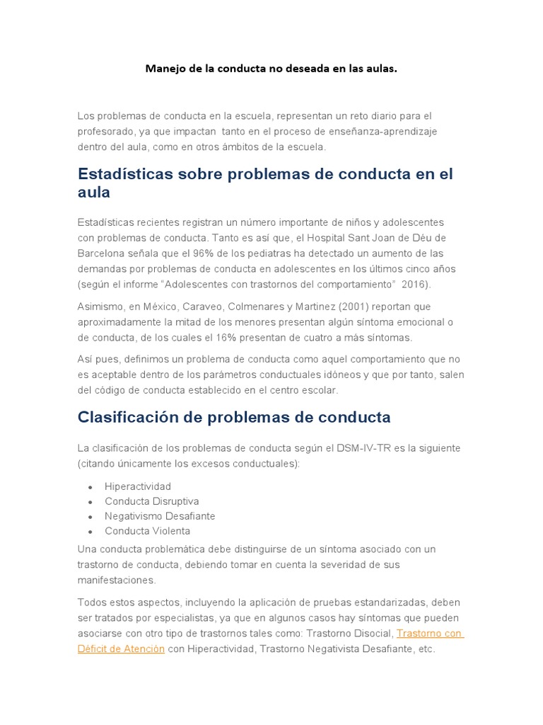 Manejo de La Conducta No Deseada en Las Aulas | PDF | Desorden ...