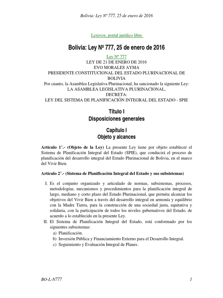 Bolivia: Ley #777, 25 de Enero de 2016: Título I Disposiciones Generales | PDF | Planificación ...
