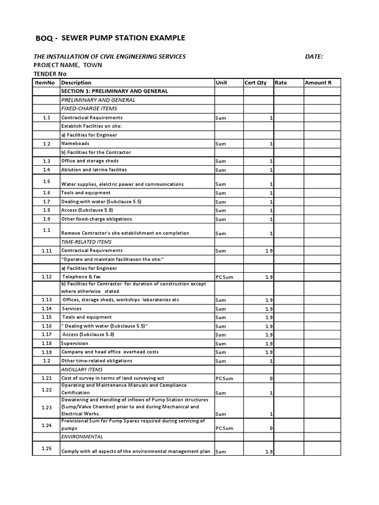 Boq - Sewer Pump Station Example: Project Name, Town Tender No | PDF ...
