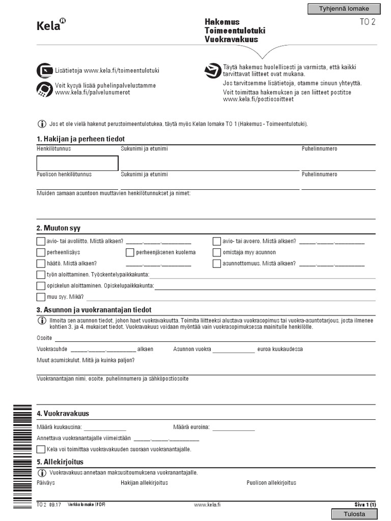Hakemus Toimeentulotuki Vuokravakuus: 1. Hakijan Ja Perheen Tiedot | PDF