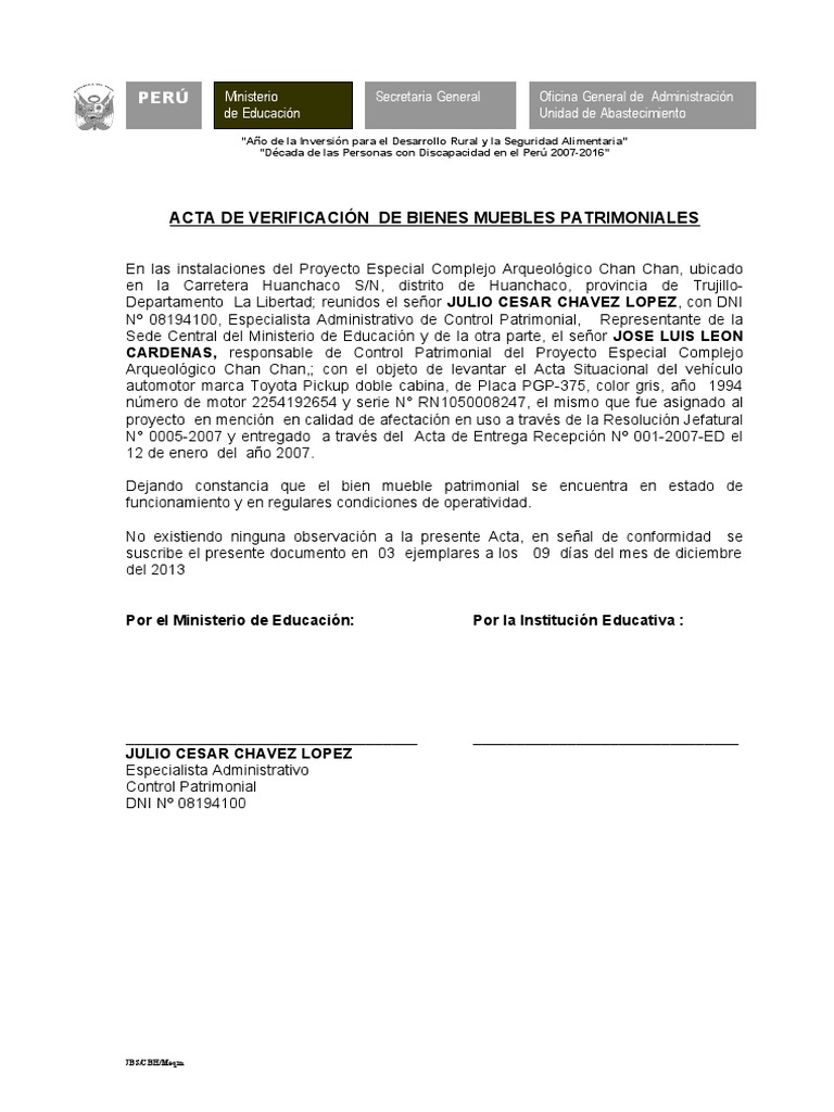 Acta de Verificacion de Bienes Entregados en Afectación en Uso | PDF