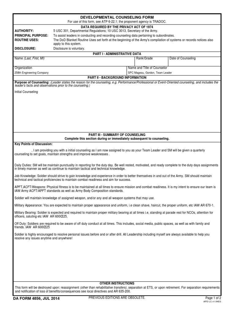 Developmental Counseling Form: Leader's Facts and Observations Prior To ...