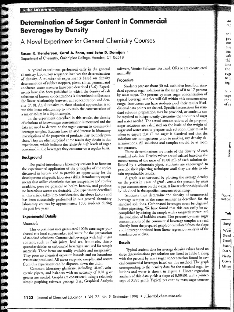 Determination of Sugar Content in Commmercial Beverages by Density | PDF