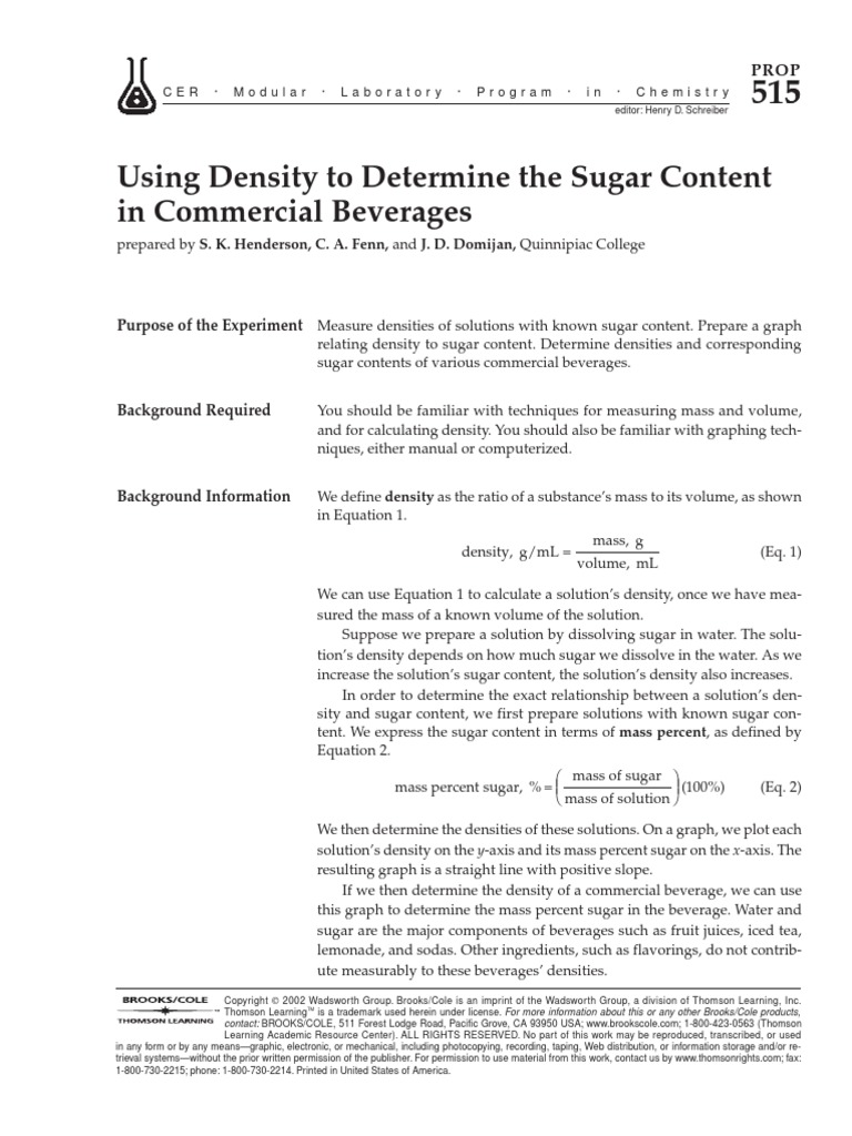 Using Density To Determine The Sugar Content in Commercial Beverages ...