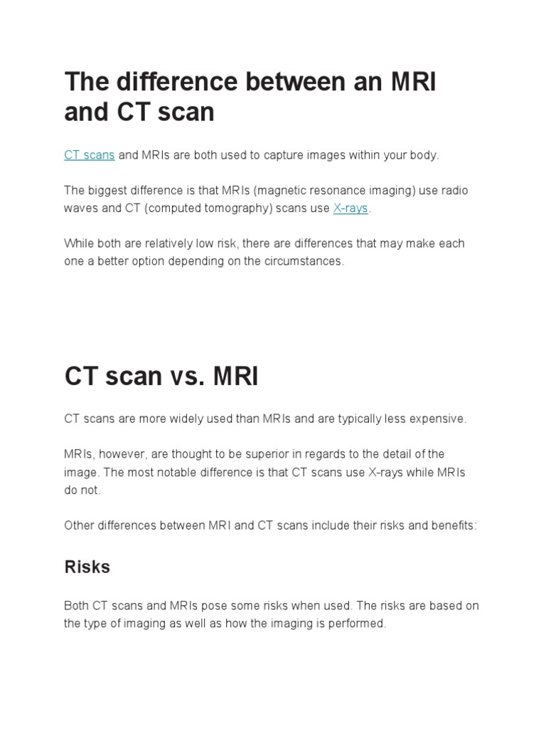 CT vs. MRI: Key Differences Explained | PDF | Magnetic Resonance ...