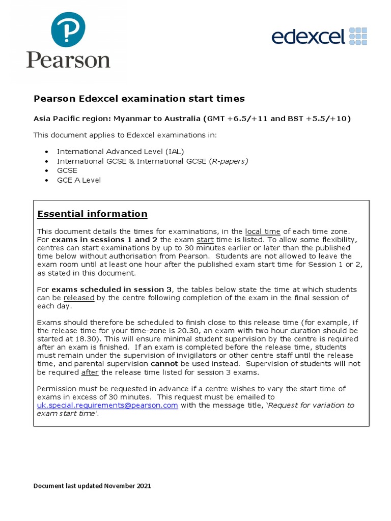 Edexcel Exam Start Times Asia Australia Region | PDF | Test (Assessment ...