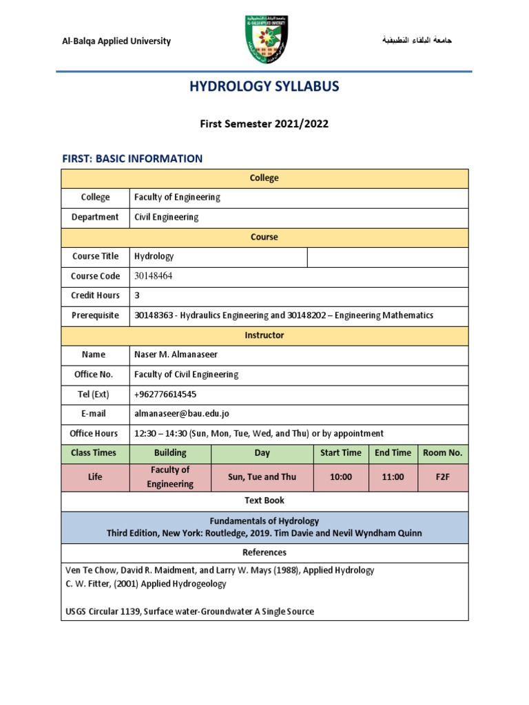 Hydrology Syllabus: First: Basic Information | PDF | Hydrology | Groundwater