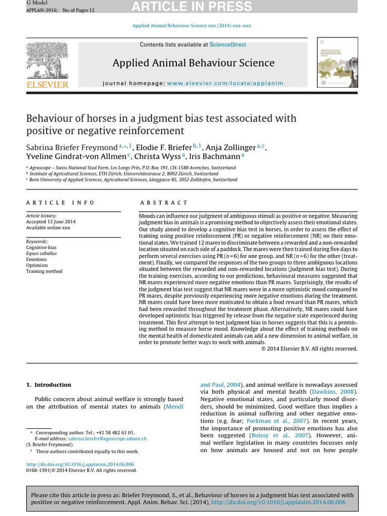 Applied Animal Behaviour Science | PDF | Emotions | Experiment
