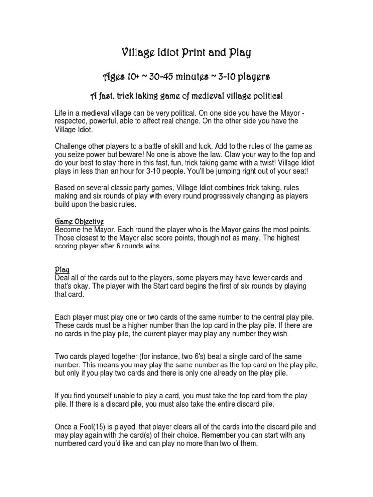 Village Idiot | PDF | Games Of Mental Skill | Toys