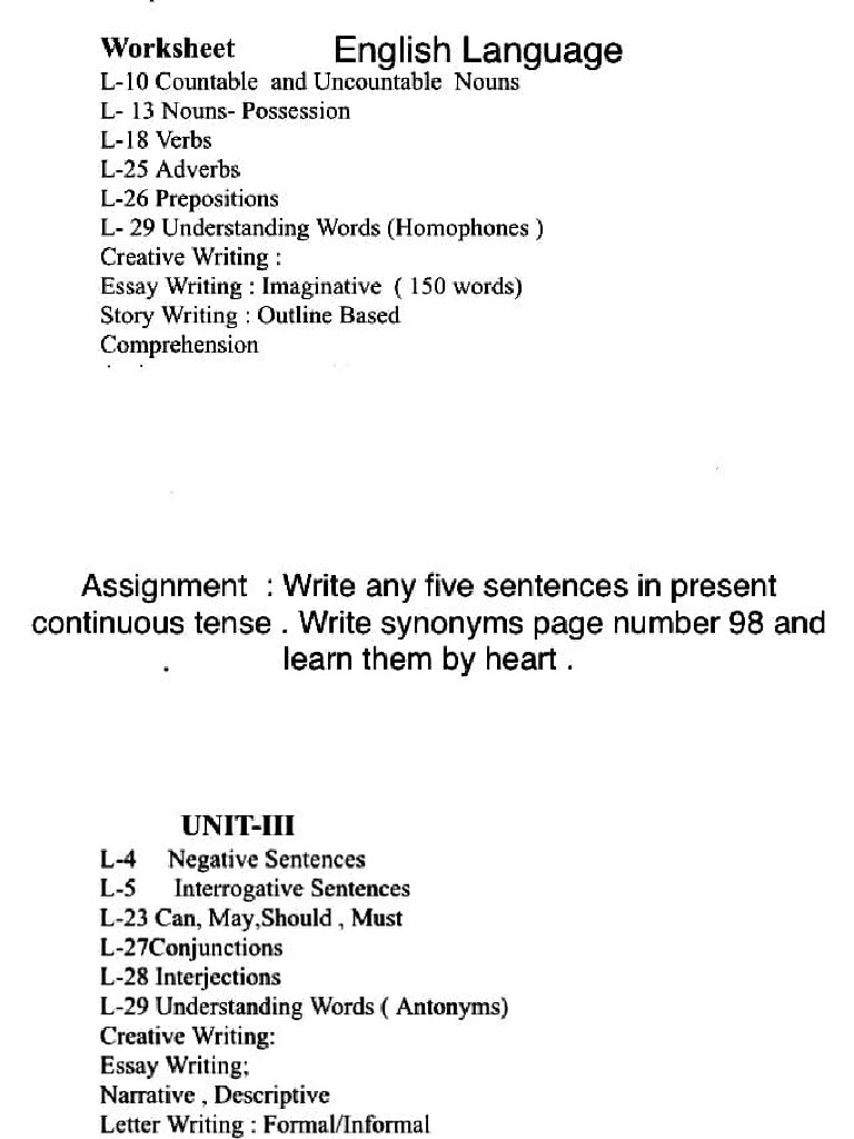 Syllabus Class4 Worksheet + Unit III | PDF | English Language | Cognition