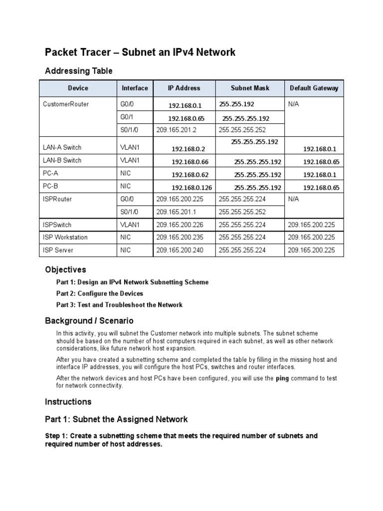 Packet Tracer - Subnet An Ipv4 Network: Addressing Table | PDF | Ip Address | Computer Network