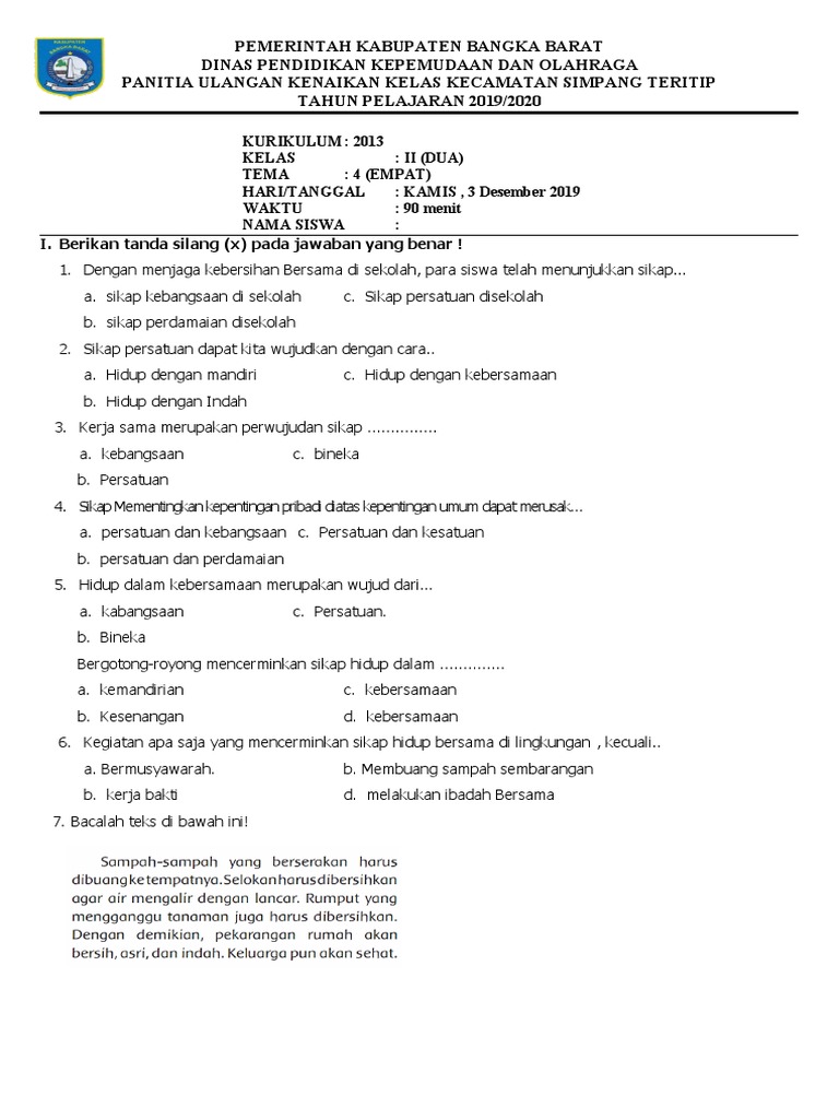 Soal PAS Kelas 2 Sem 1 Tema 4 - Reupload Kamimadrasah | PDF