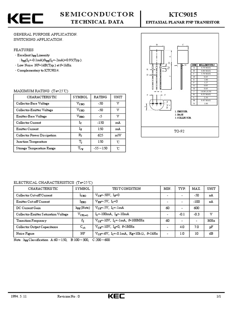 Semiconductor KTC9015: Technical Data | PDF | Bipolar Junction ...
