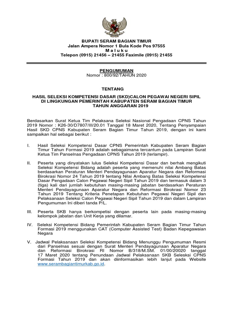 Pengumuman Hasil SKD Cpns Tahun Formasi 2019 Kab. SBT | PDF