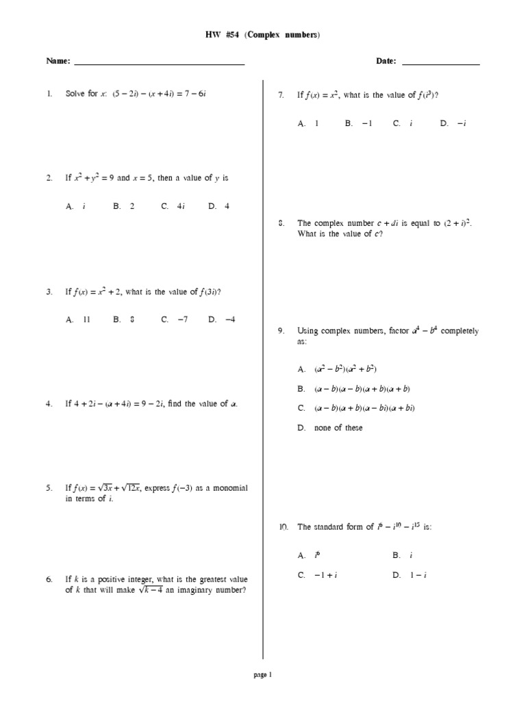 HW #54 (Complex Numbers) | PDF | Mathematics | Numbers