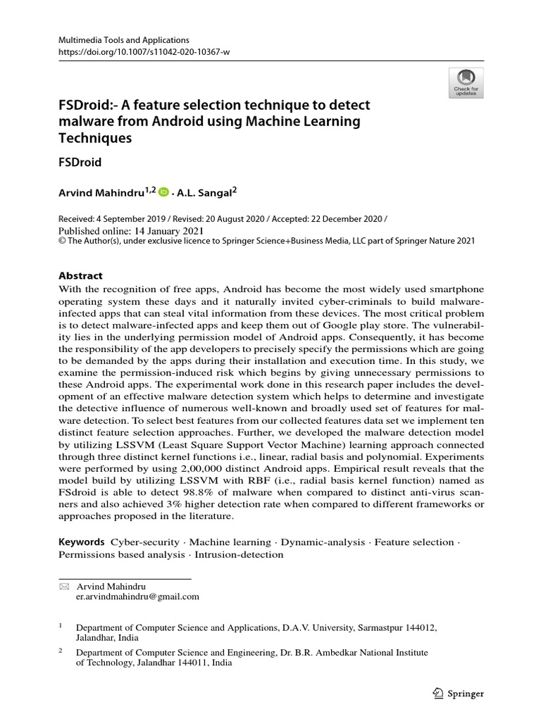 Fsdroid A Feature Selection Technique To Detect Malware From Android Using Machine Learning