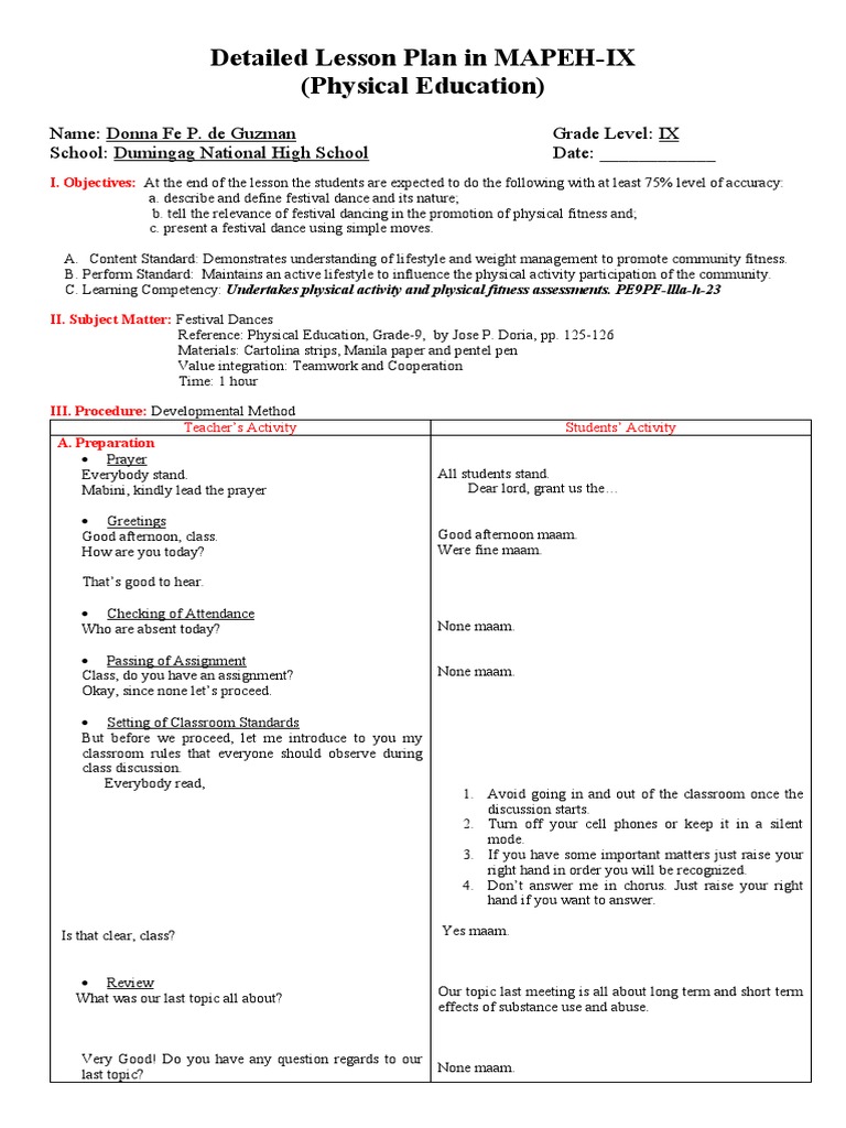 Detailed Lesson Plan in MAPEH-IX (Physical Education) | PDF | Festival ...