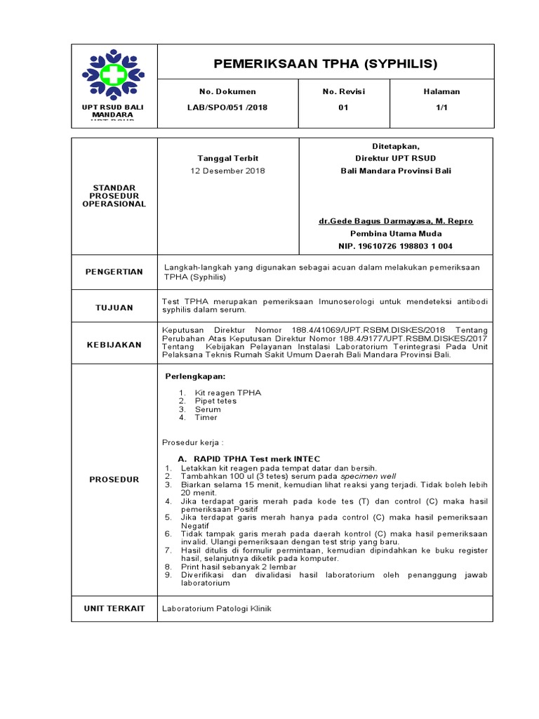 STANDAR OPERASIONAL PROSEDUR PEMERIKSAAN TPHA (SYPHILIS) | PDF