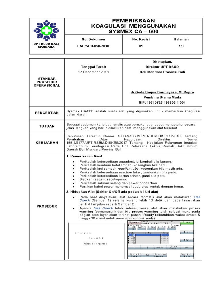 Prosedur Penggunaan Sysmex CA-600 | PDF