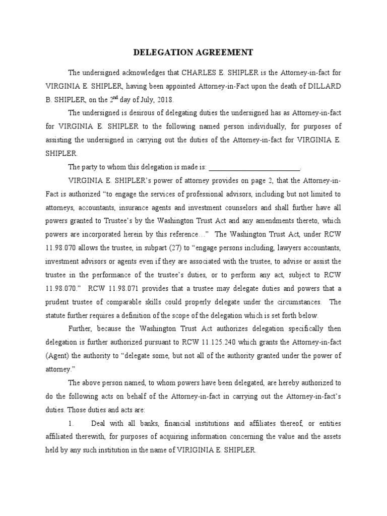 Delegation Agreement (Example) | PDF | Power Of Attorney | Banks