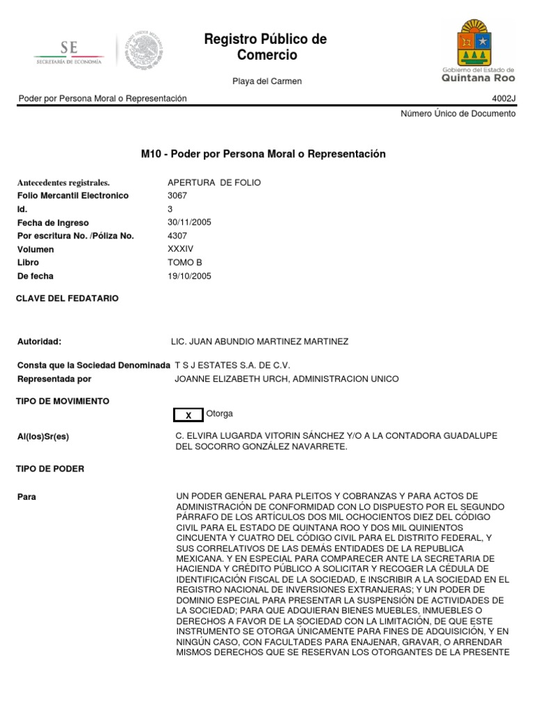 Registro Público de Comercio: M10 - Poder Por Persona Moral o Representación | PDF