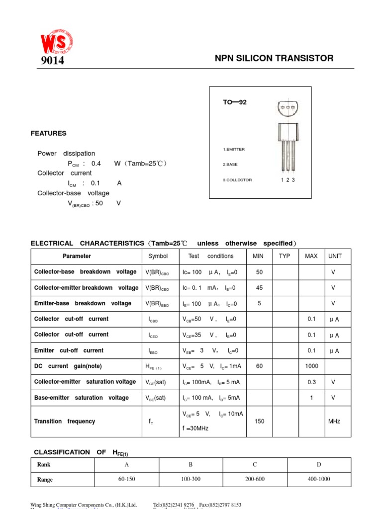 9014 Datasheet | PDF | Bipolar Junction Transistor | Electronic Circuits