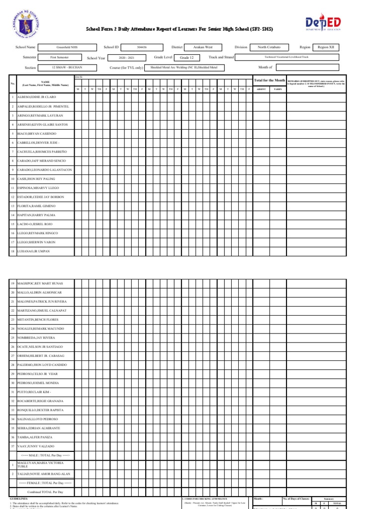School Form 2 Daily Attendance Report of Learners For Senior High ...