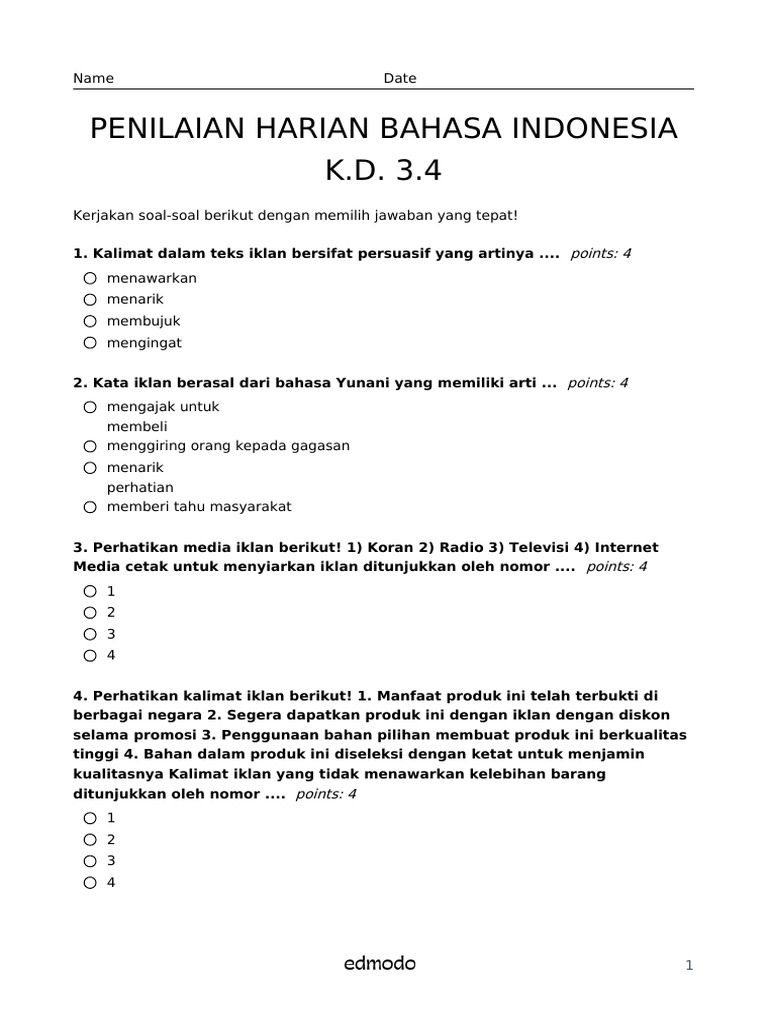 Penilaian Harian Bahasa Indonesia K.D. 3.4 | PDF