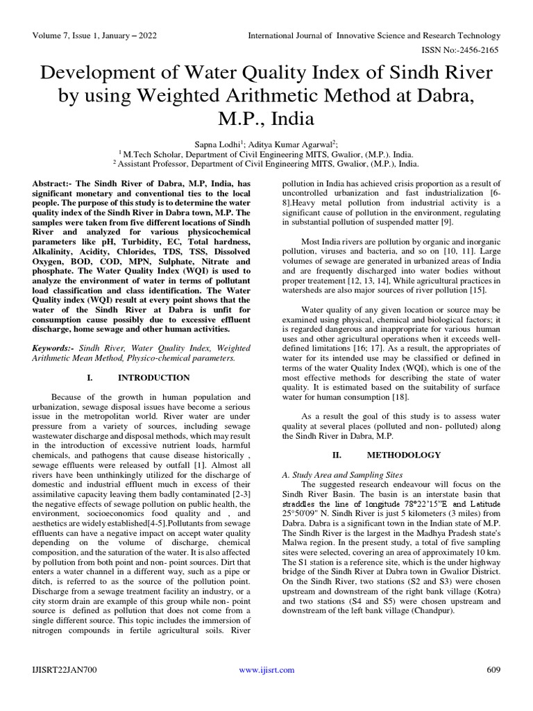 Development of Water Quality Index of Sindh River by Using Weighted Arithmetic Method at Dabra ...