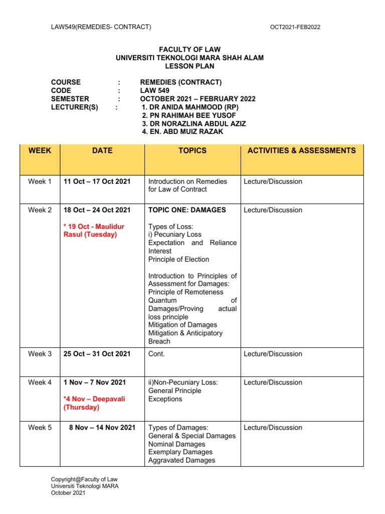 Law549 Remedies Contract Lesson Plan For Sem Oct 2021 - Feb 2022 | PDF ...