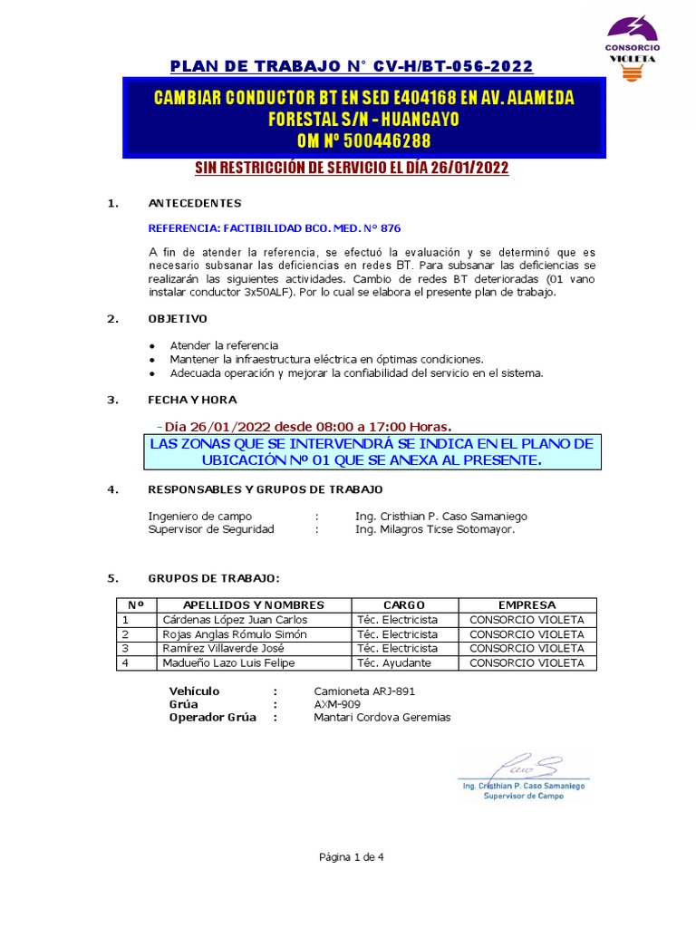 PT CV-H BT - 056 - 2022 Cambiar Conductor BT en Sed E404168 en Av. Alameda Forestal SN ...