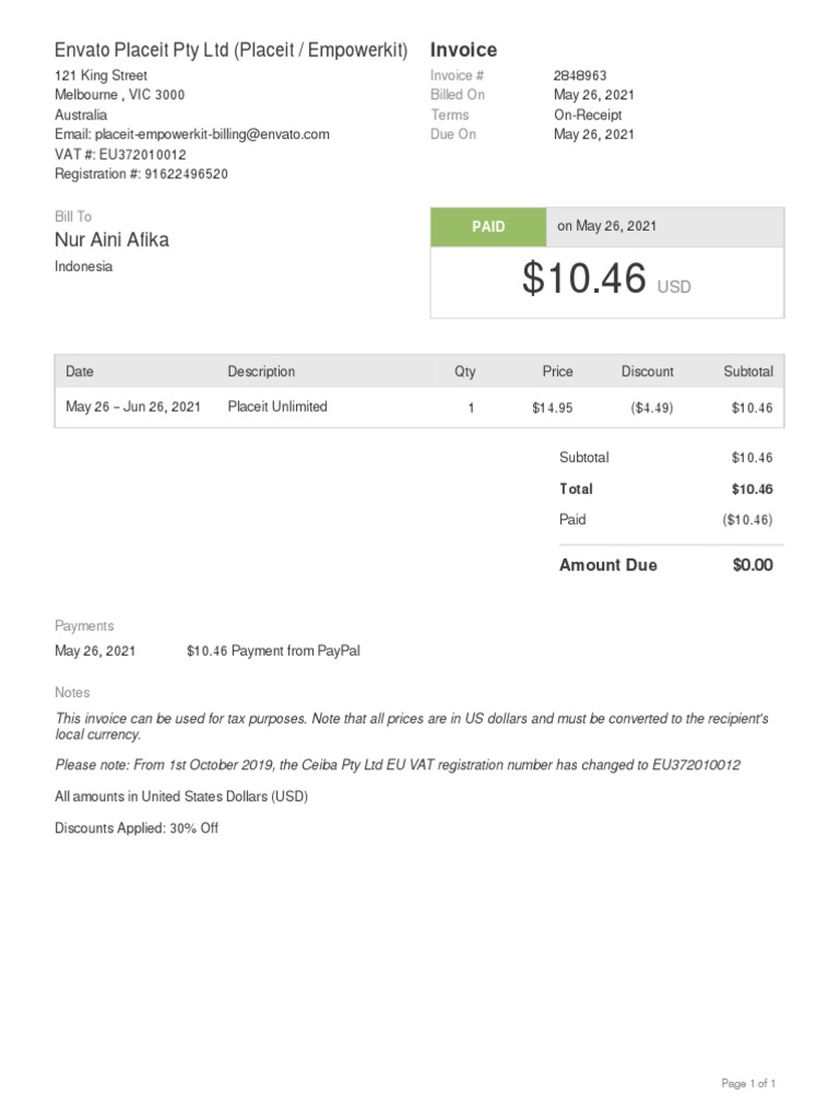 Envato Placeit Pty LTD (Placeit / Empowerkit) : Invoice | PDF