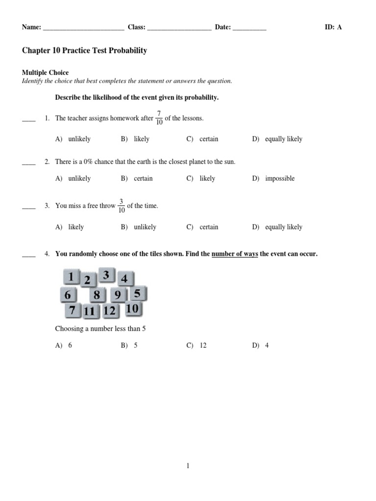 Chapter 10 Practice Test Probability: Identify The Choice That Best ...