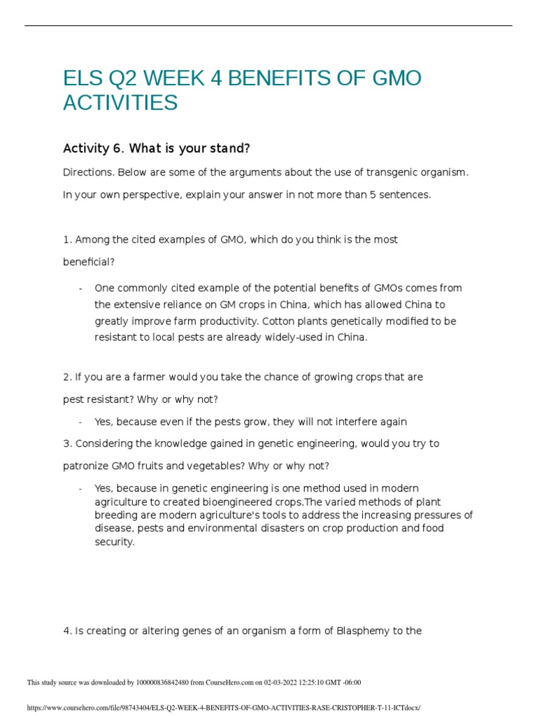 Els Q2 Week 4 Benefits of Gmo Activities: Activity 6. What Is Your ...