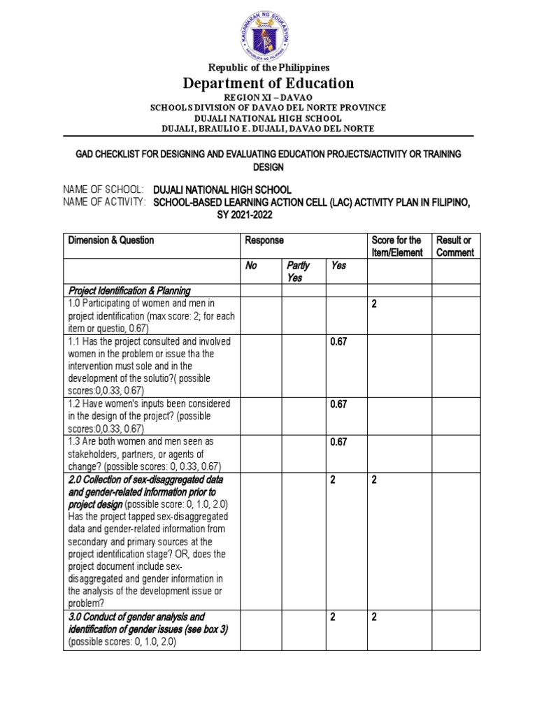 GAD Checklist for Education Projects | PDF | Gender | Gender Studies