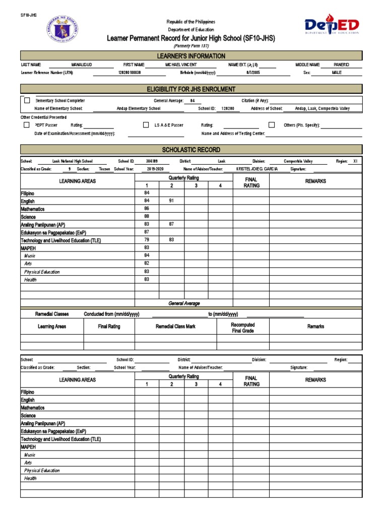 Learner Permanent Record For Junior High School (SF10-JHS) | PDF