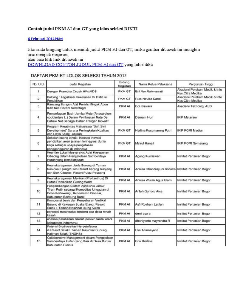 Contoh Proposal PKM Artikel Ilmiah | PDF