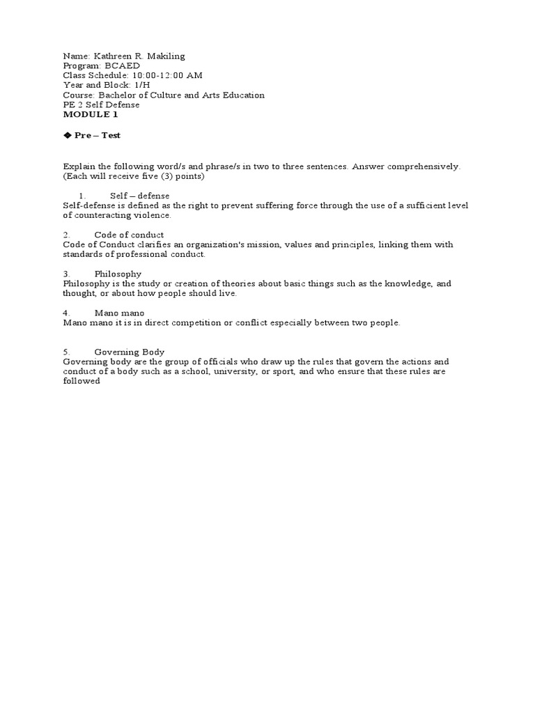 PE2 Self Defense MODULE 1 | PDF | Disciplines | Self Defense