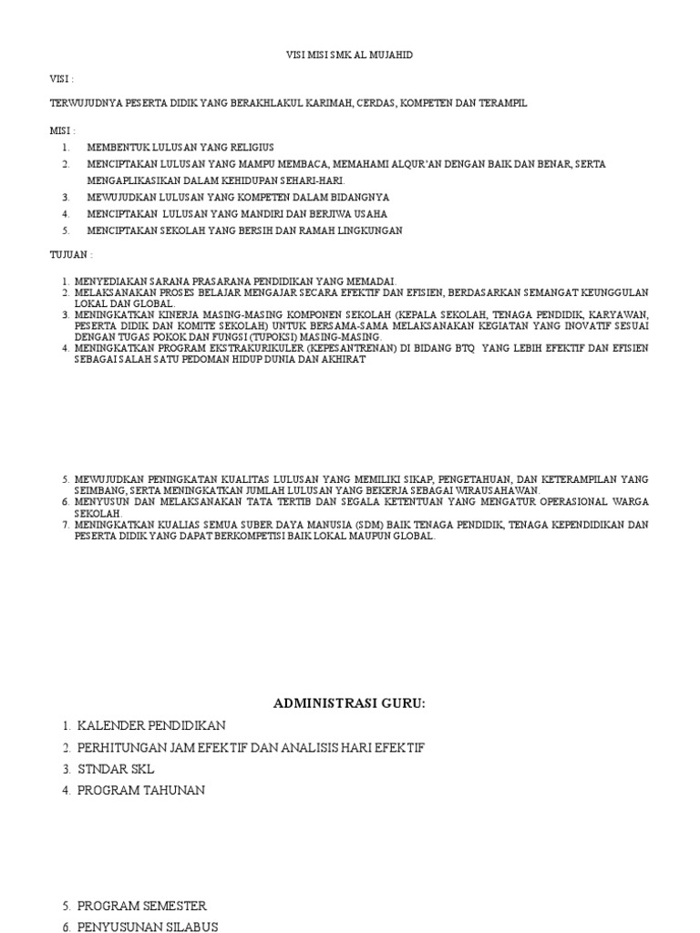 Visi Misi, Tujuan SMK Al Mujahid | PDF
