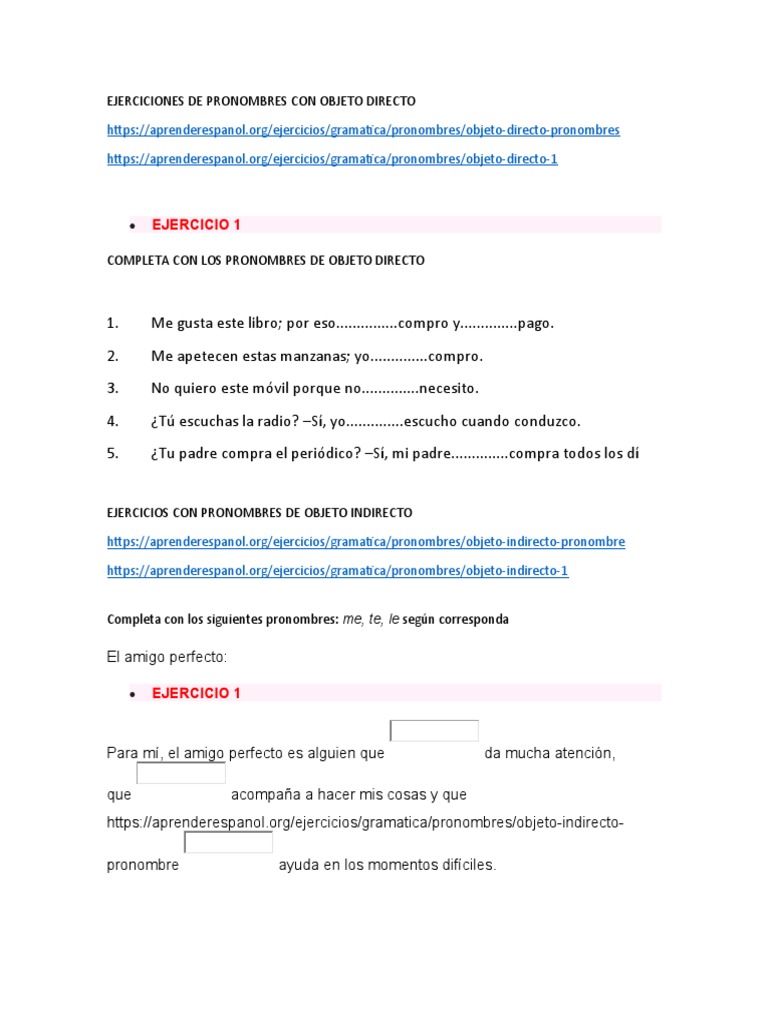 Ejerciciones de Pronombres Con Objeto Directo e Indirectos | PDF