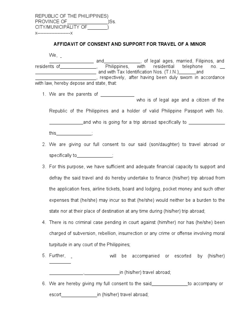 Affidavit of Consent and Support For Travel of A Minor | PDF | Affidavit | Public Law