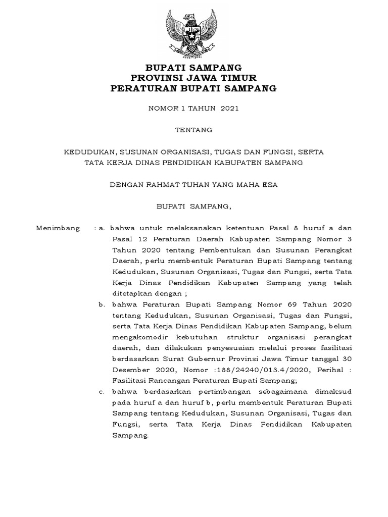 Perbup No 1 Tahun 2021 Tentang Sotk Dinas Pendidik | PDF