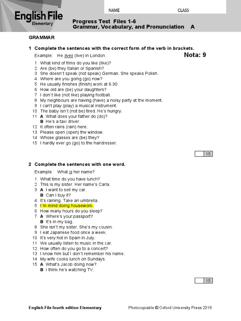 Progress Test Files 1-6 Grammar, Vocabulary, and Pronunciation A | PDF ...
