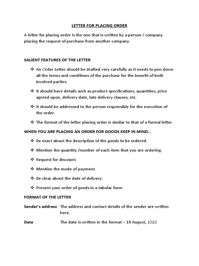 Letter For Placing Order | PDF