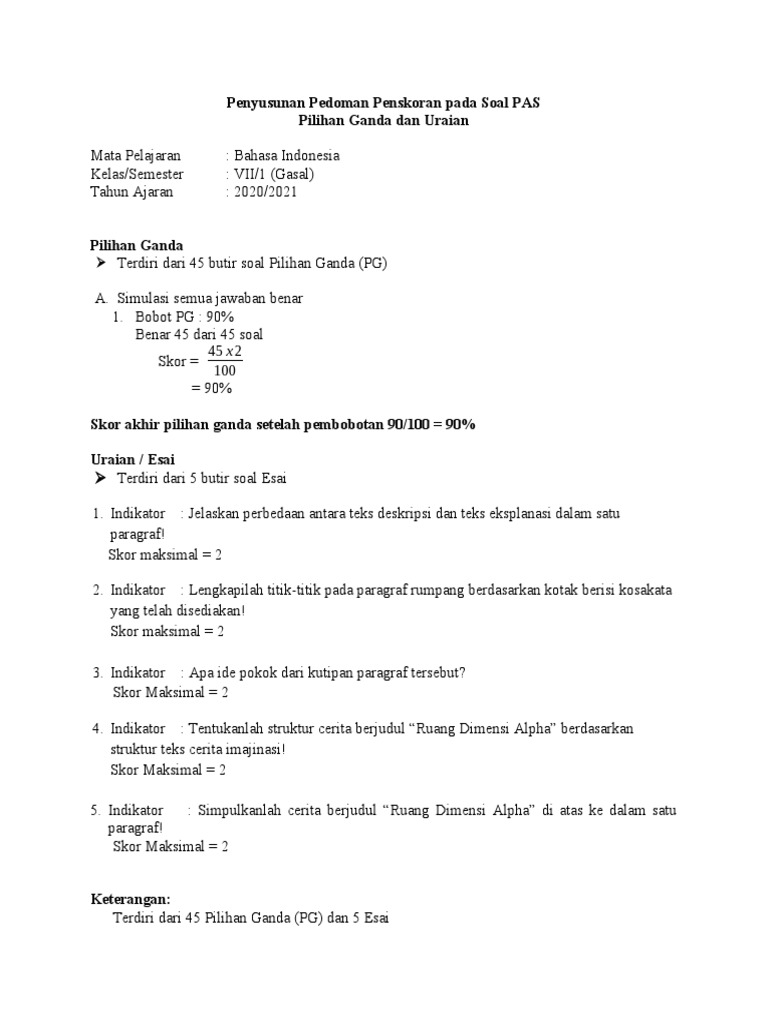 Penskoran PAS Kelas VII Bindo | PDF