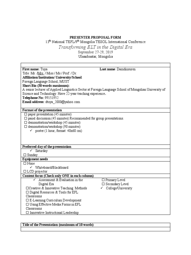 PRESENTER PROPOSAL FORM 2019 Last | PDF | English As A Second Or ...