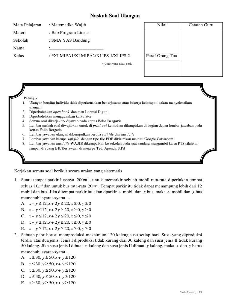 Naskah Soal Ulangan Bab Program Linear | PDF
