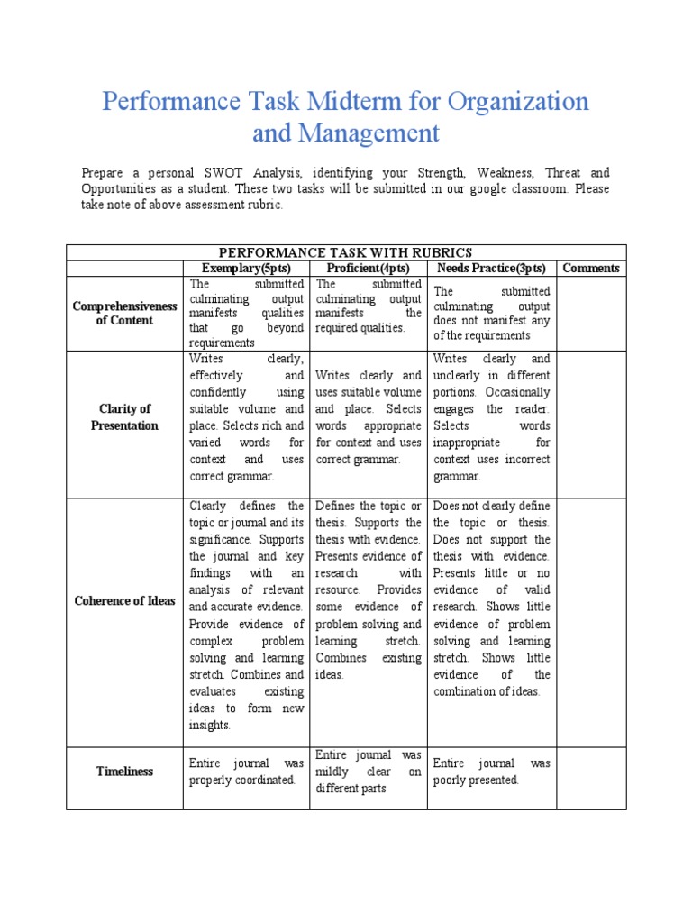Performance Task Midterm For Organization and Management | PDF | Swot Analysis | Rubric (Academic)